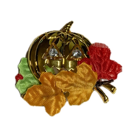 Vintage | Jewelry | Vintage Halloween Pumpkin Brooch With Autumn Leaves ...